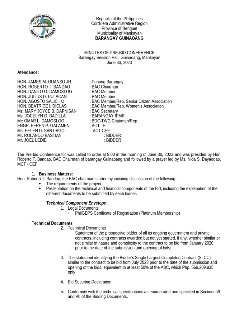 PRE-BID-CONFERENCE-MINUTES-Guinaoang (3) | PDF | Joint Venture | Business