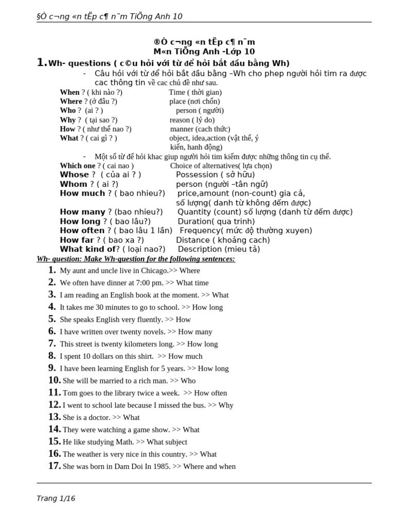 DE CUONG ON TAP TA10 | PDF