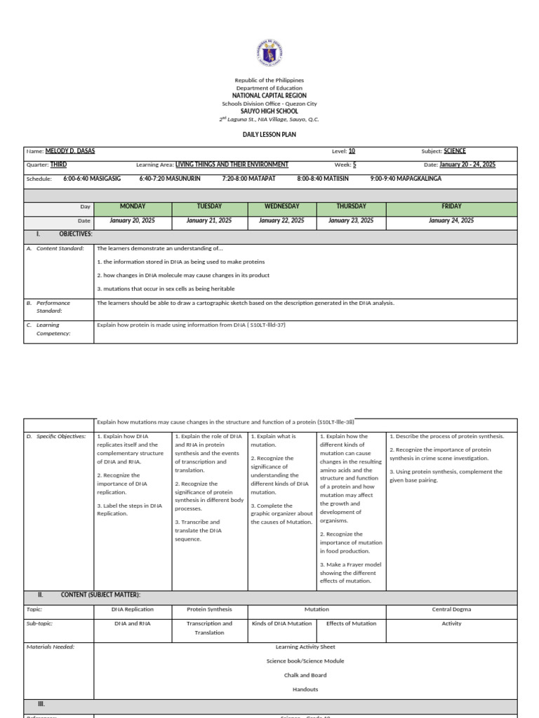 Sample Lesson Plan | PDF | Mutation | Dna