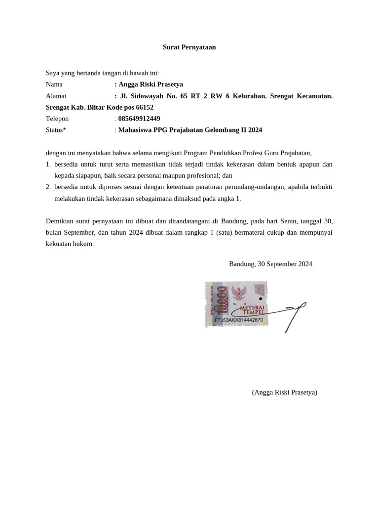 Surat Pernyataan PPKS Untuk PPG Angga Riski P. | PDF