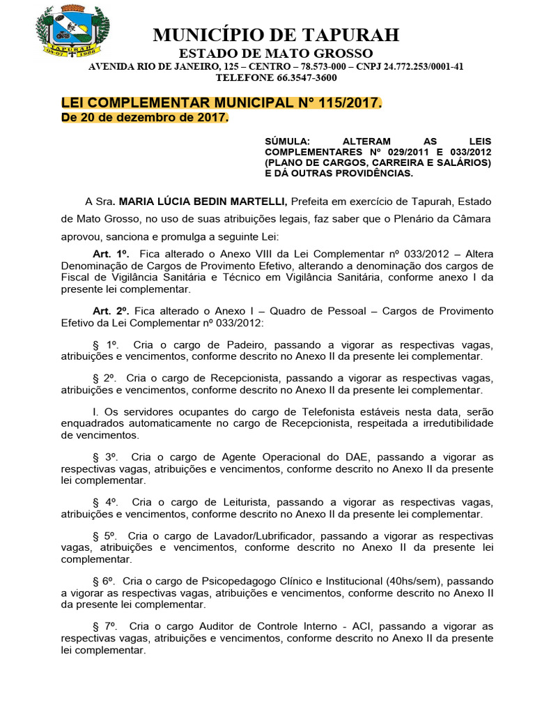 Lei Complementar No 115-2017 | PDF | Expediente | Massa