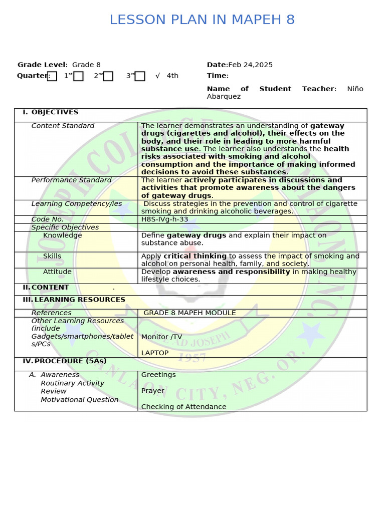 Gateway Drugs Lesson Plan for Grade 8 | PDF | Smoking | Tobacco Smoking