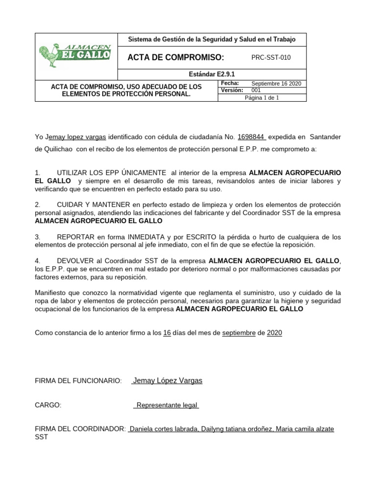 Acta de Compromiso Uso EPP | PDF