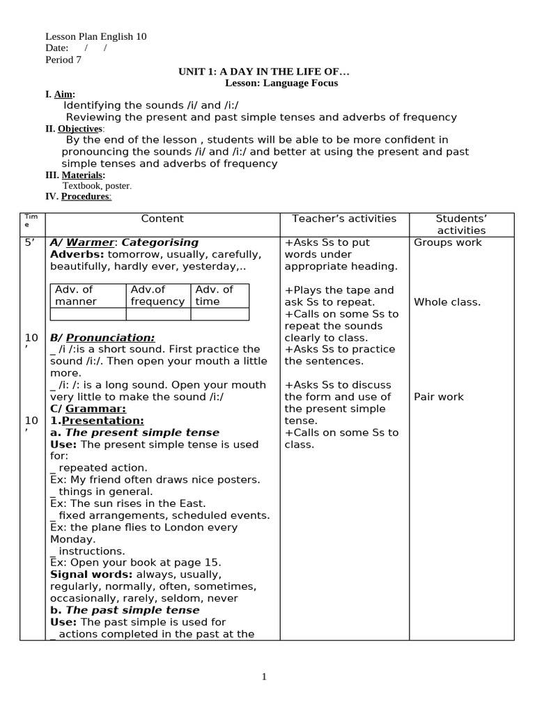 English 10 Lesson Plan: Tenses & Sounds | PDF | Grammatical Tense | Adverb