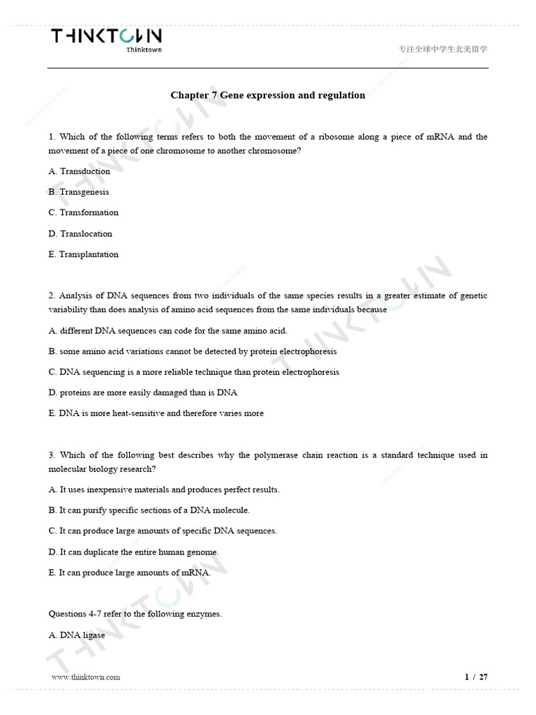 AP生物章节测试 Chapter 7 Gene Expression and Regulation | PDF | Gene | Dna