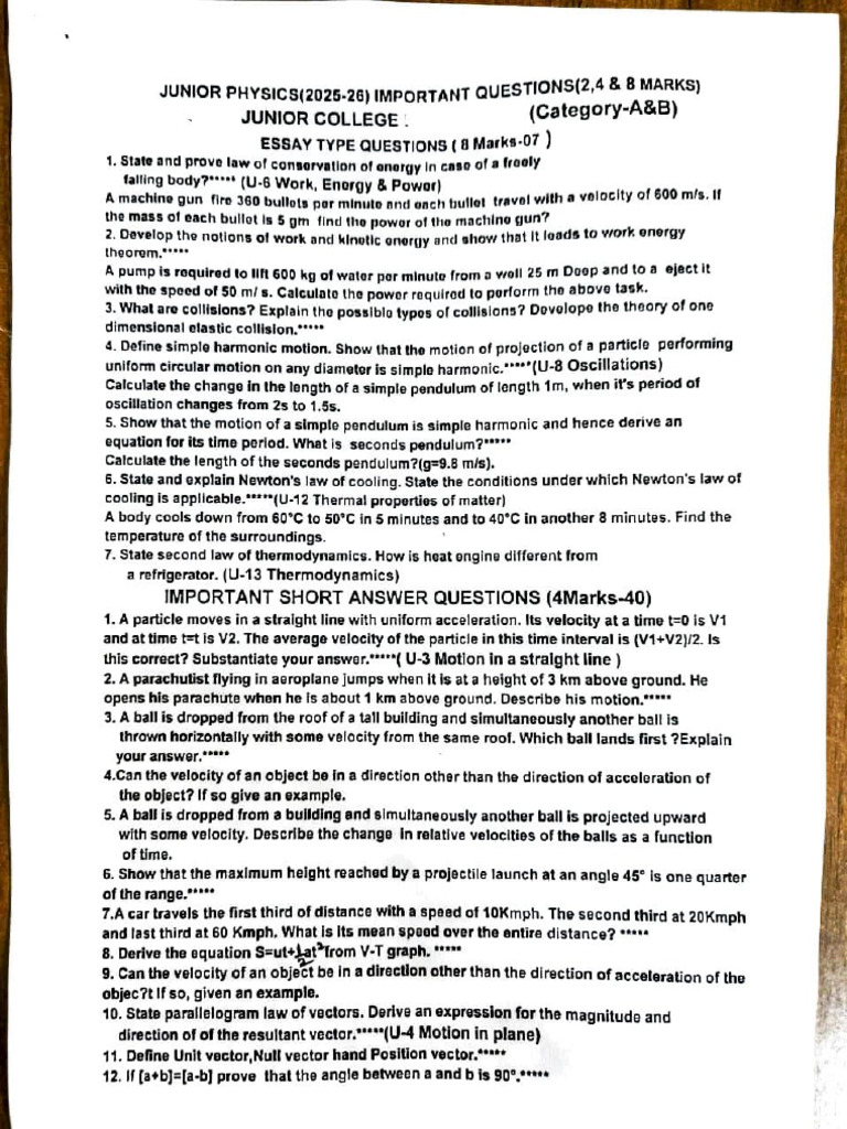 PHYSICS IPE 2025-2026 Final Revision Questions | PDF | Acceleration | Velocity