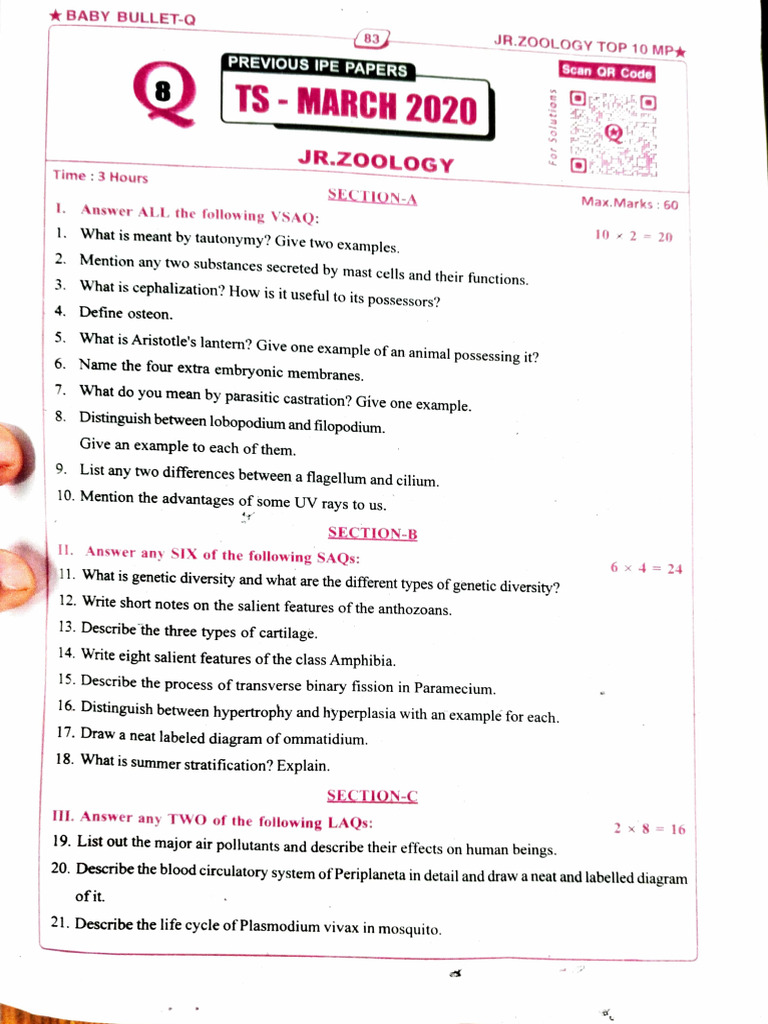 Previous Year Zoology Question Papers | PDF | Biology | Zoology