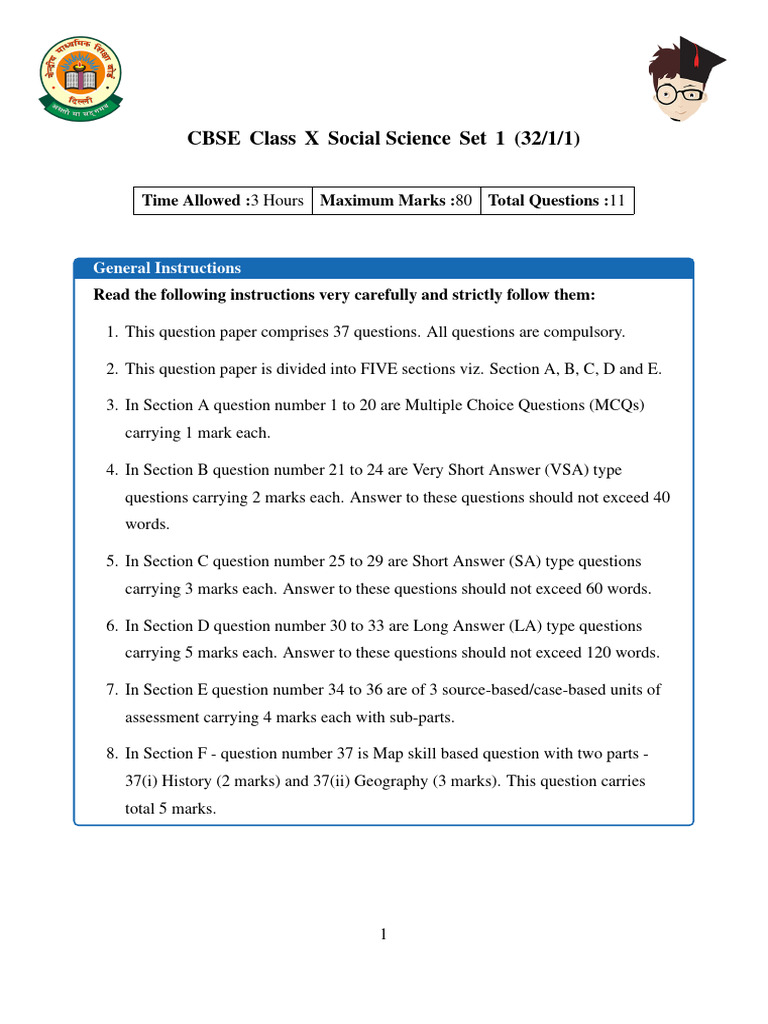 CBSE Class 10 Social Science Question Paper 2024 Set 1 32 1 1 | PDF ...