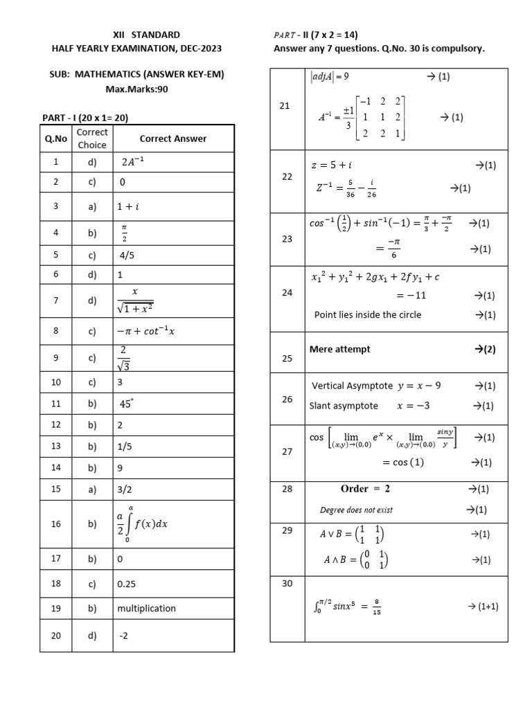 12th Maths EM Answer Keys To Half Yearly Exam 2023 Verllore District ...