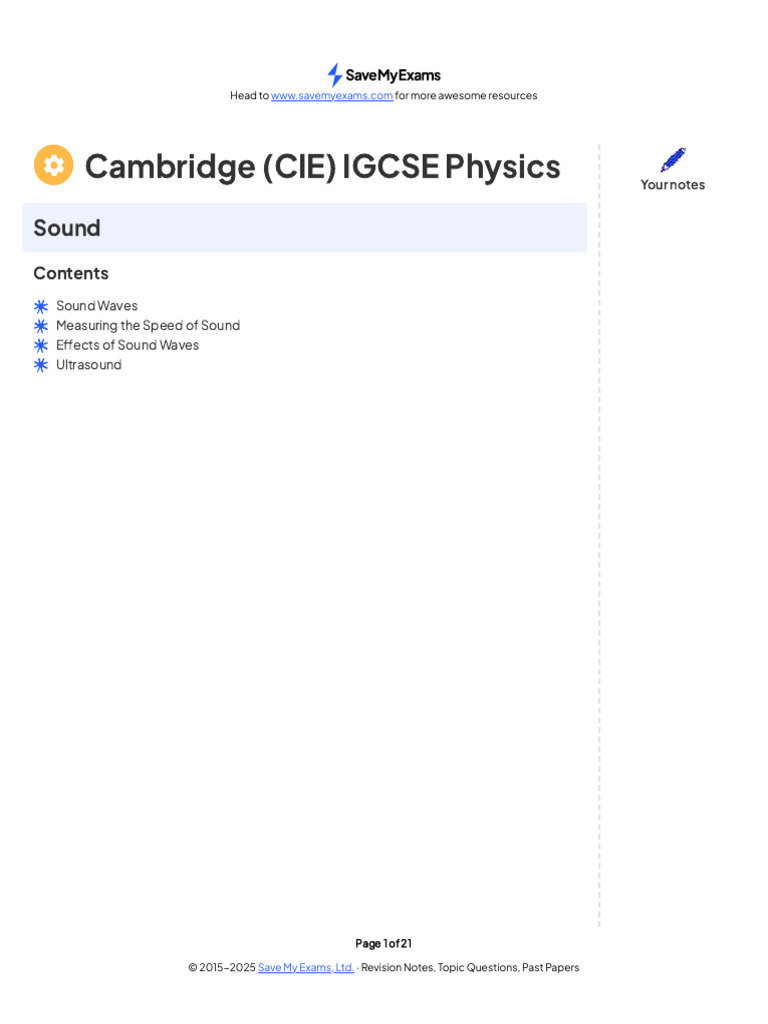 IGCSE Cambridge Physics Waves Notes | PDF | Ultrasound | Sound
