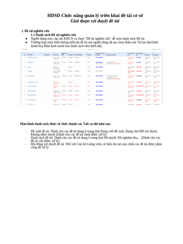 (HMU - NCKH) HDSD Chức Năng Quản Lý Triển Khai Đề Tài Cơ Sở | PDF