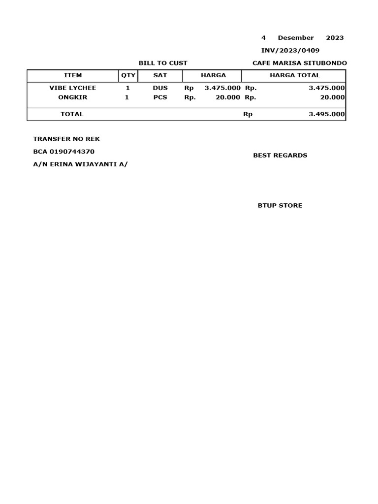 Invoice Cafe Marisa 4 Desember 2023 | PDF