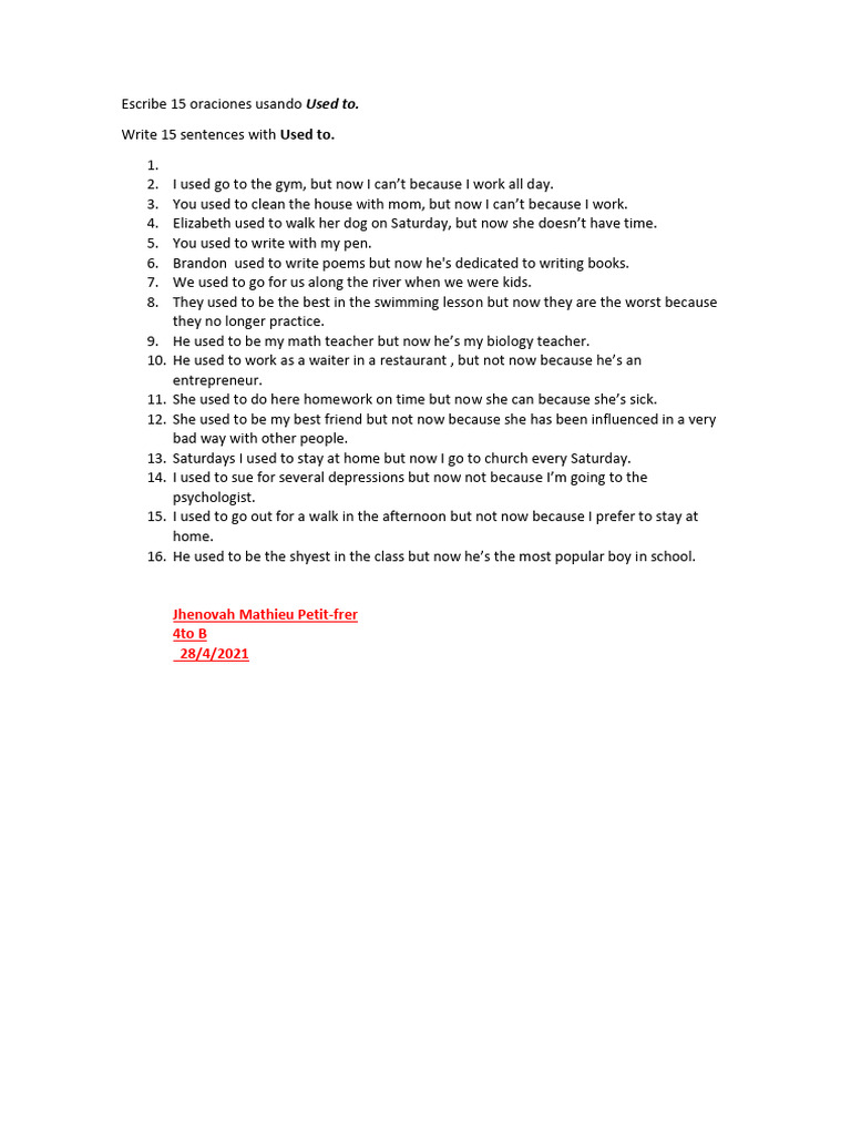 15 Sentences Using "Used To" | PDF