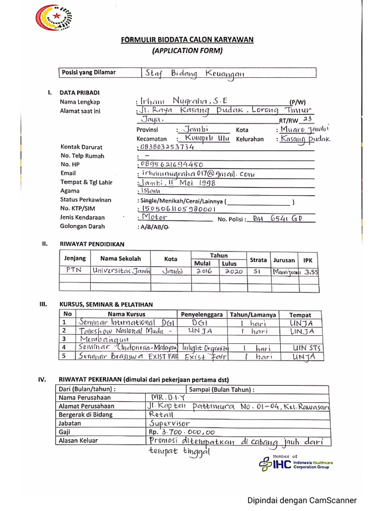Formulir Biodata Irham Nugraha | PDF