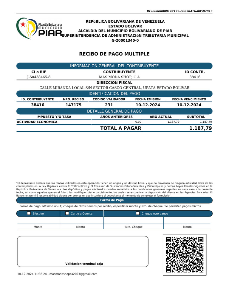 Recibo de Pago Multiple: Informacion General Del Contribuyente | PDF | Dinero | Economias