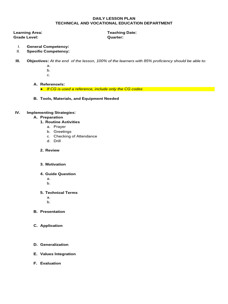 Daily Lesson Plan Template for TVE | PDF