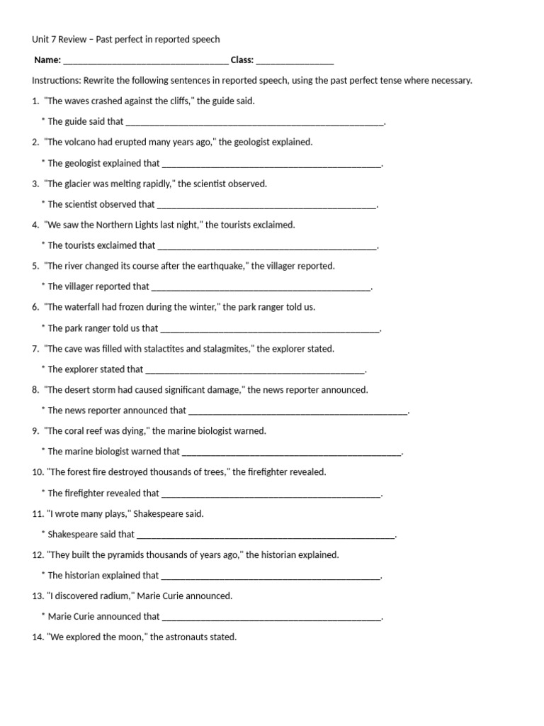 Unit 7 Review - past perfect reported speech | PDF