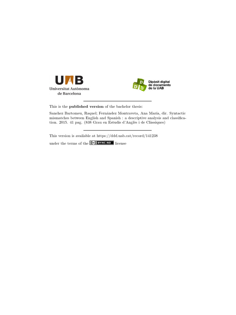 Syntactic Mismatches English-Spanish | PDF | Subject (Grammar) | Verb