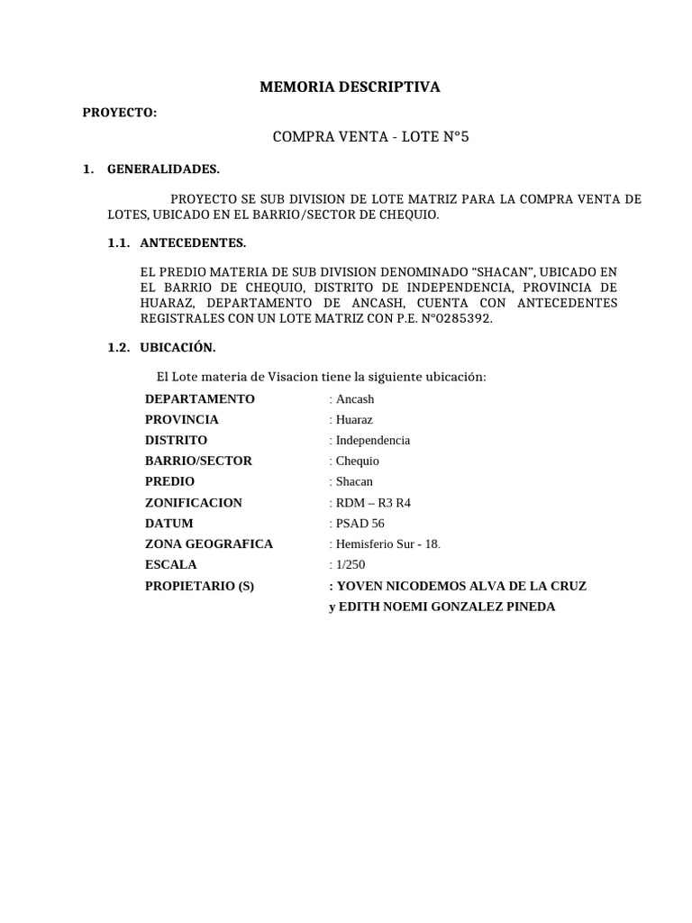 Memoria Descriptiva-Lote N°5 | PDF