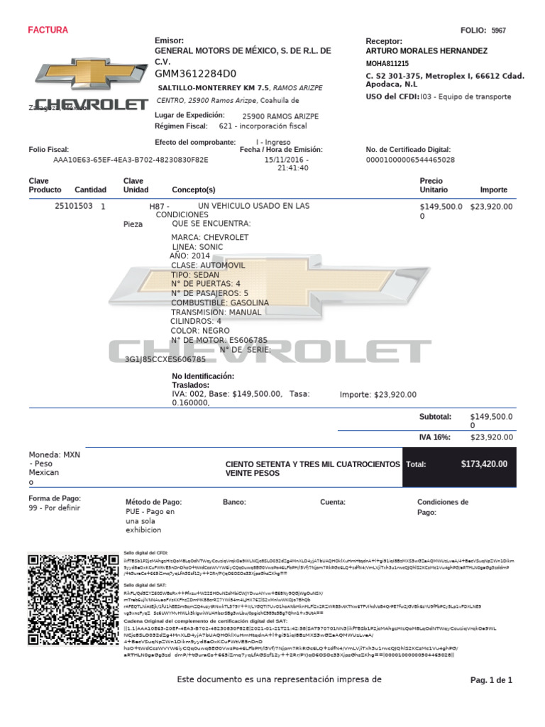 Factura Chevrolet GMM3612284D0 | PDF | Tecnología de vehículos ...