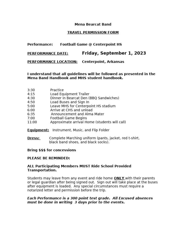 Travel Itinerary For Marching Band 2 | PDF