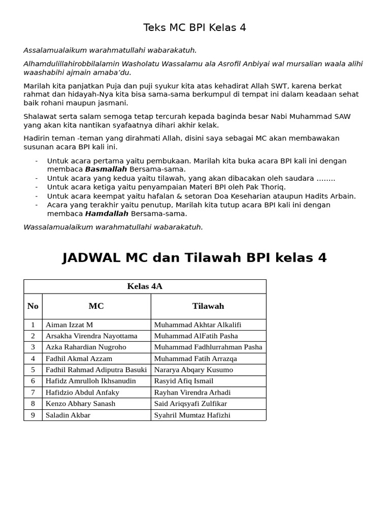 Teks MC Bpi Kelas 4 | PDF