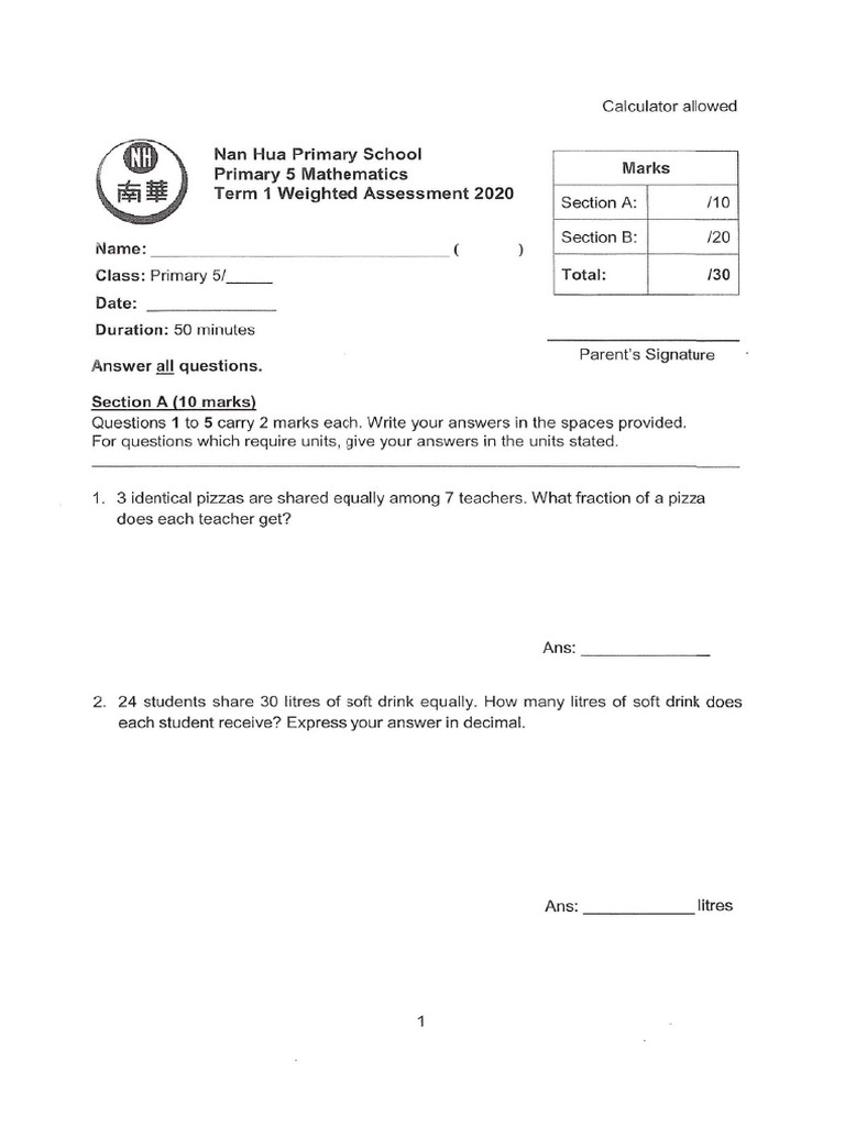 P5 Maths 2020 CA1 Nanhua Exam Paper | PDF