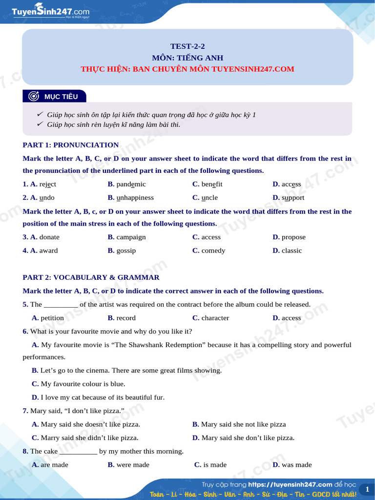 English Pronunciation and Grammar Test | PDF