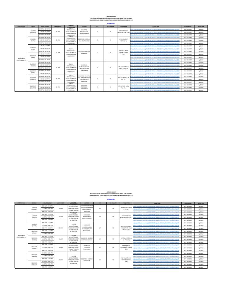 Jadual Kuliah DPP Semester 1 - Kohort 6 | PDF