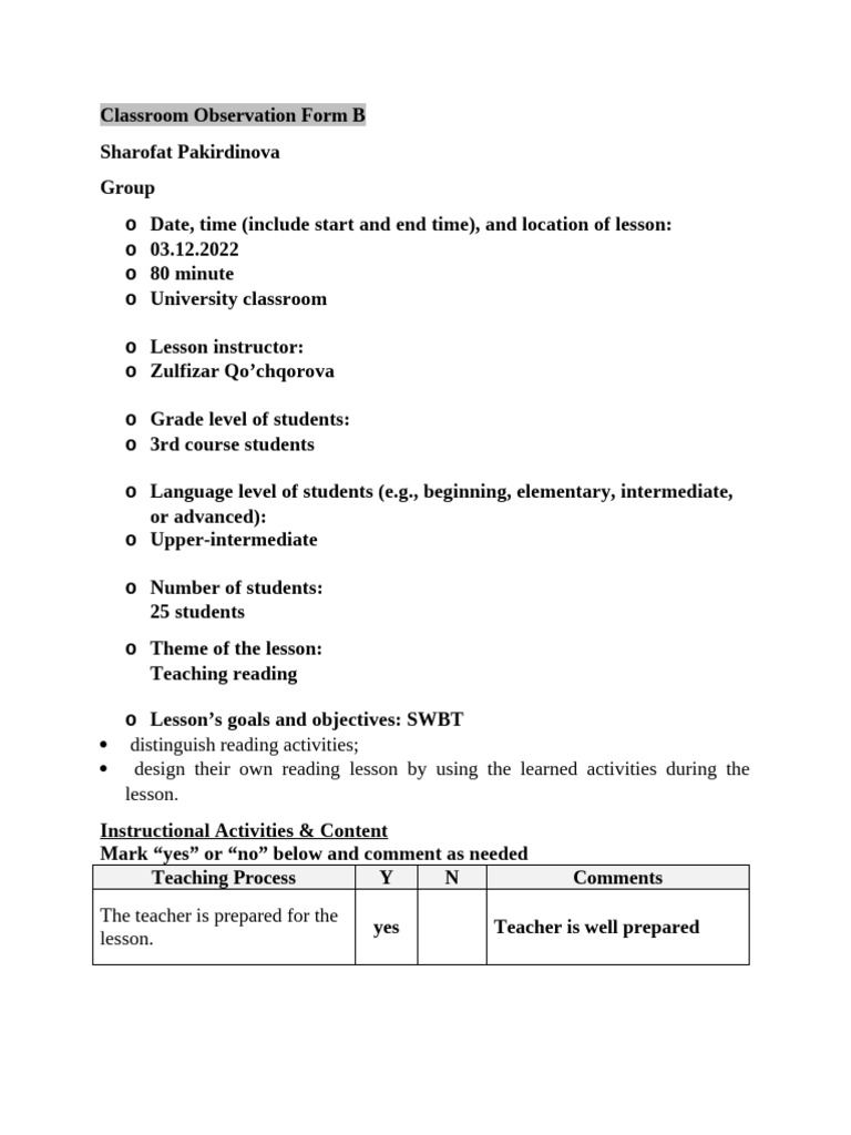 2101 Исмоилова Д Classroom observation | PDF | Teachers | Educational Assessment