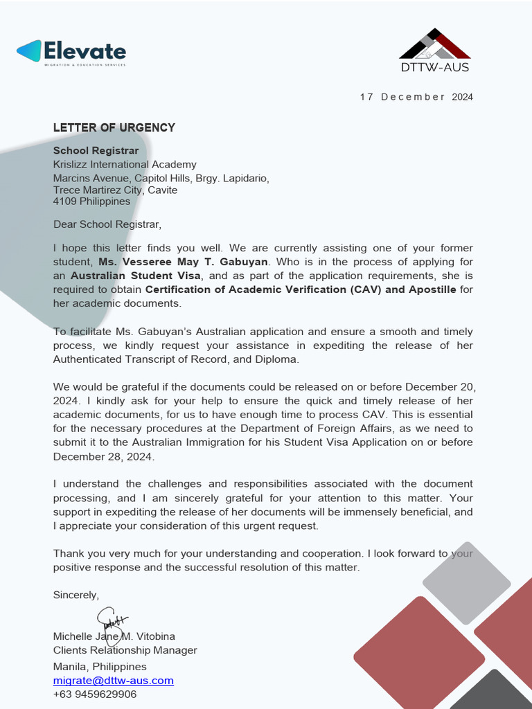 KRISLIZZ INTERNATIONAL ACADEMY - Letter Of Urgency | PDF | Employment