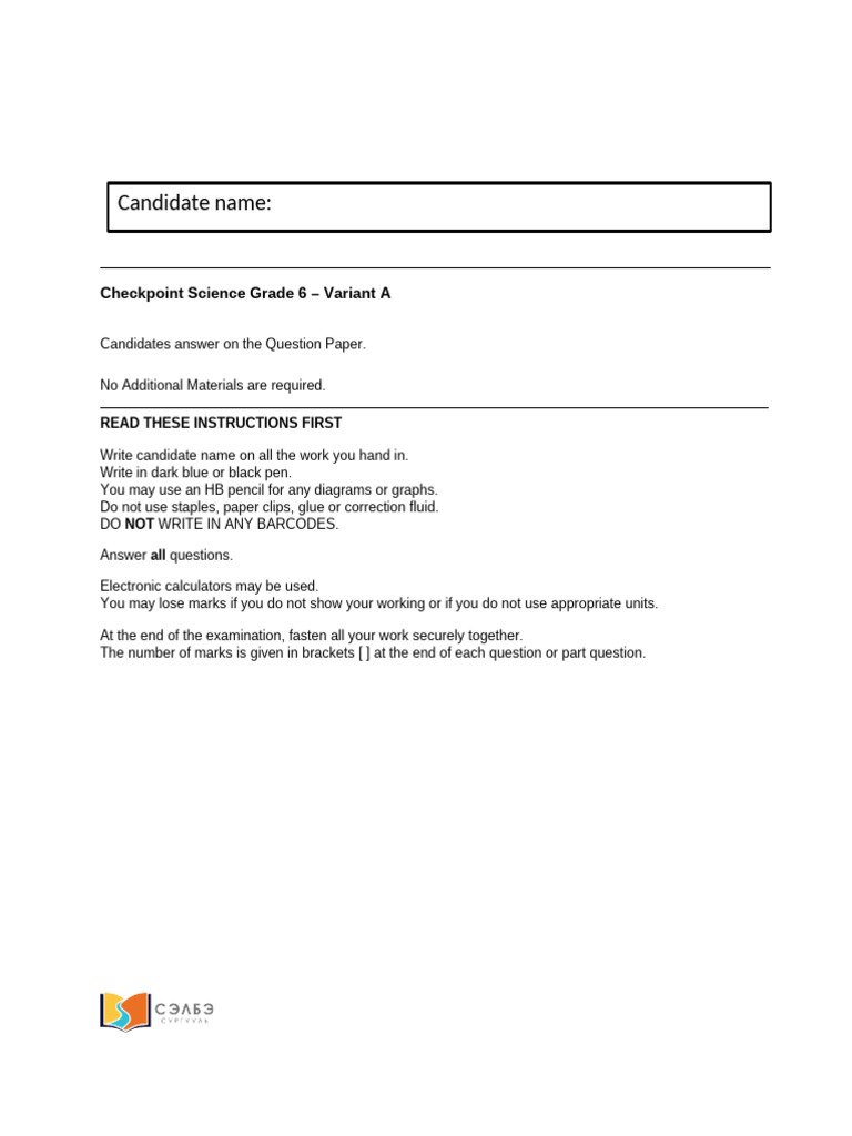 Checkpoint Science Grade 6 Exam A | PDF | Arm | Biology
