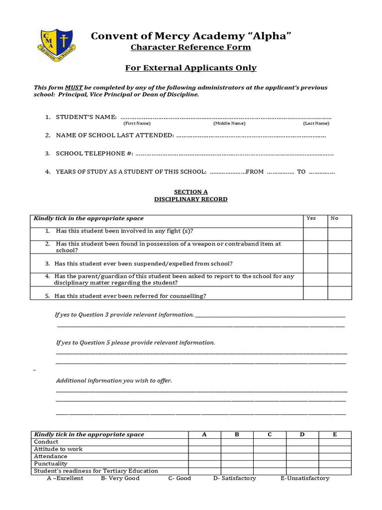 Character Reference Form for Applicants | PDF