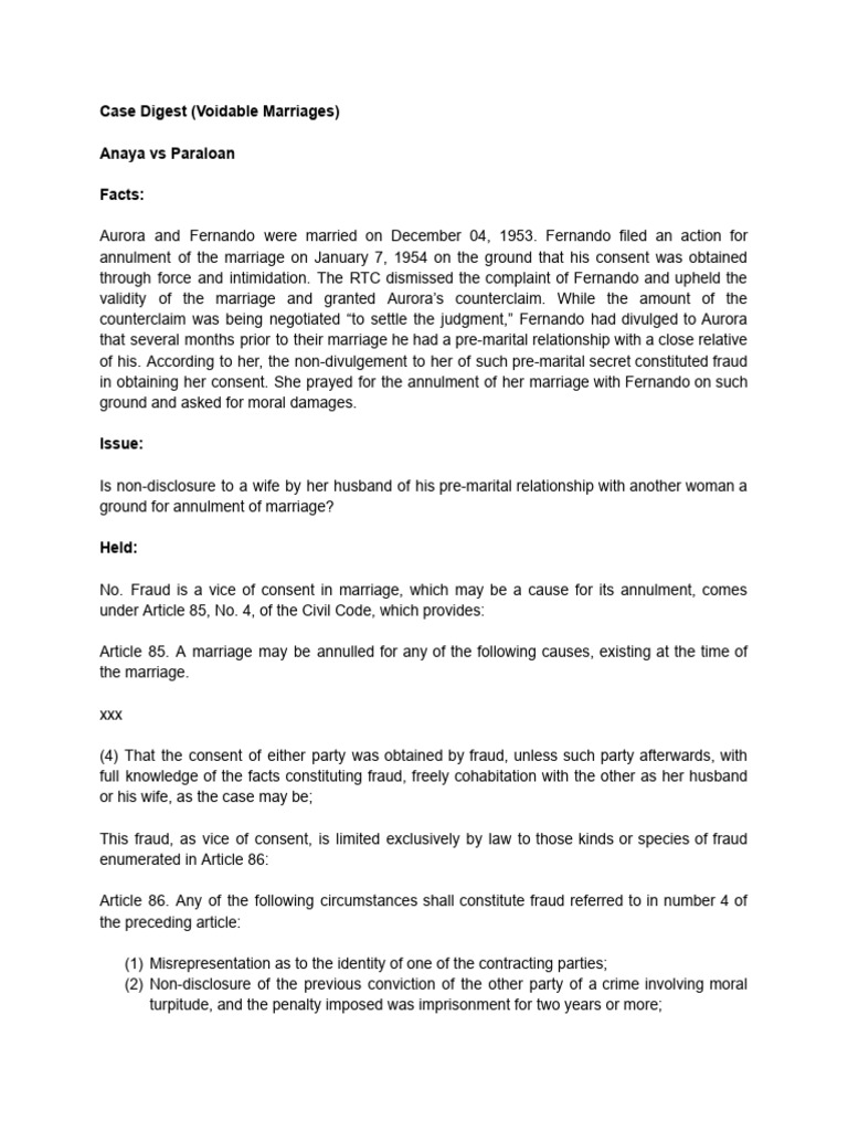 Voidable Marriages Case Digest | PDF | Annulment | Marriage