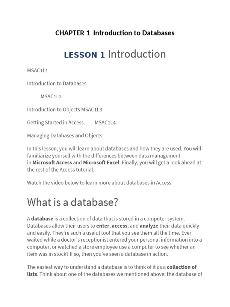 CHAPTER 1 LESSON 1 Introduction To Databases | PDF | Databases | Microsoft Excel