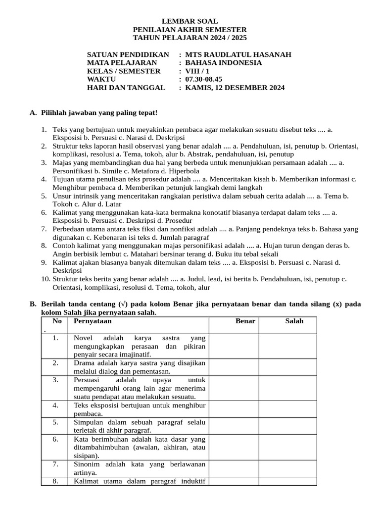 Soal PAS Ganjil Bahasa Indonesia Kelas 8 MTs | PDF
