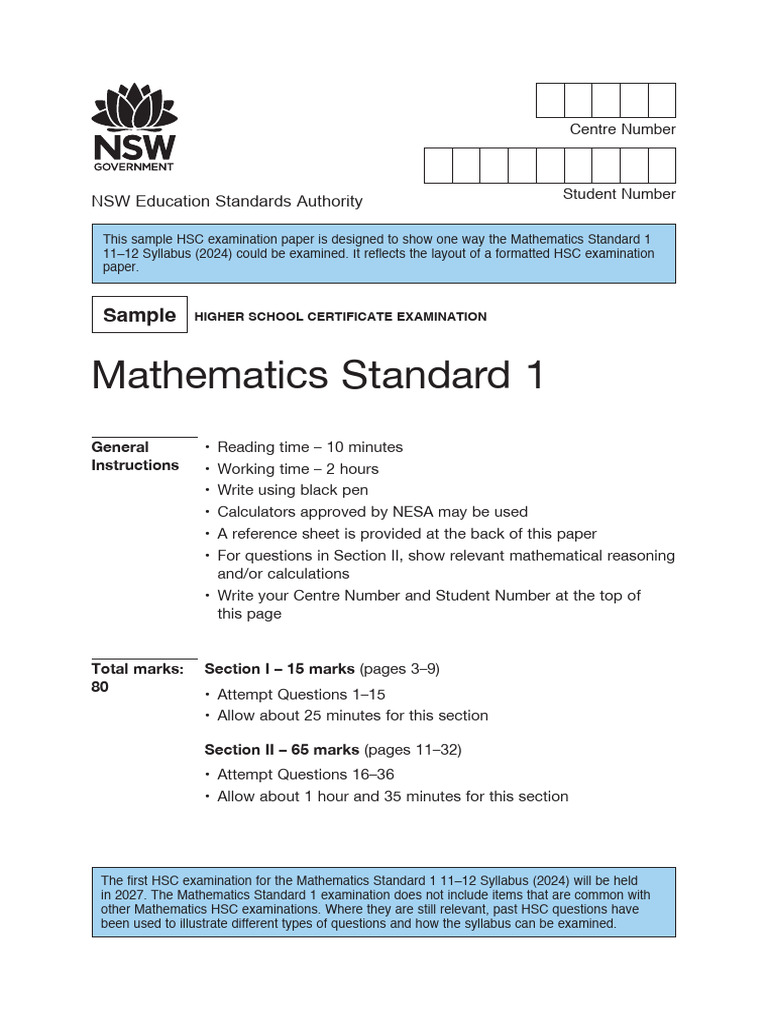 Mathematics Standard 1 11 12 2024 HSC Sample Examination Materials ...