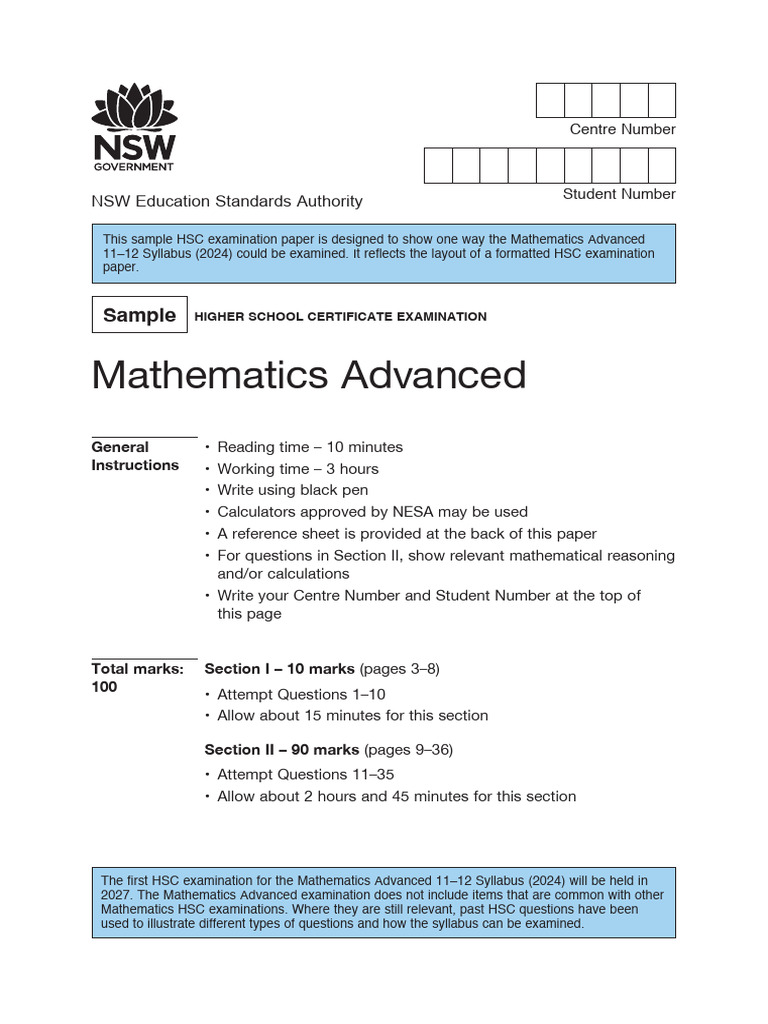 HSC Mathematics Advanced Sample Exam | PDF