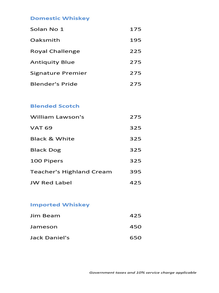 Comprehensive Beverage Menu with Prices | PDF | Drink | Alcoholic Drinks