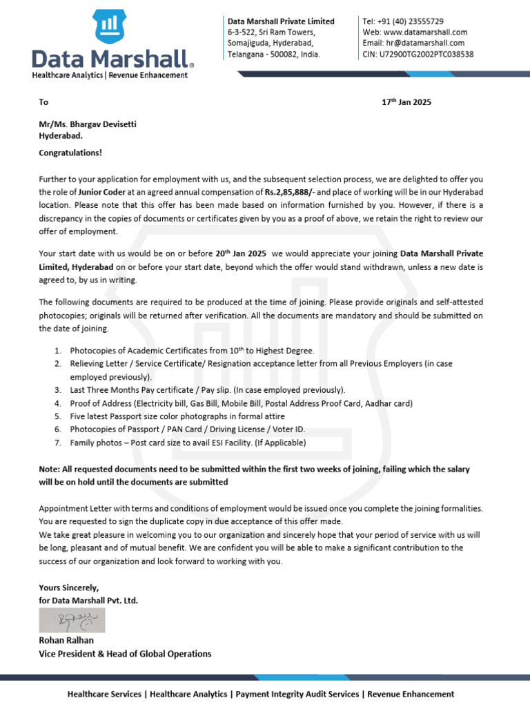 Junior Coder Offer at Data Marshall | PDF | Salary | Government Finances
