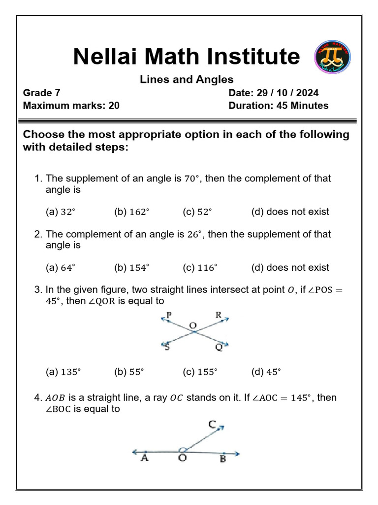 Grade 7_Lines and Angles_29.10.24 | PDF | Angle | Geometric Measurement