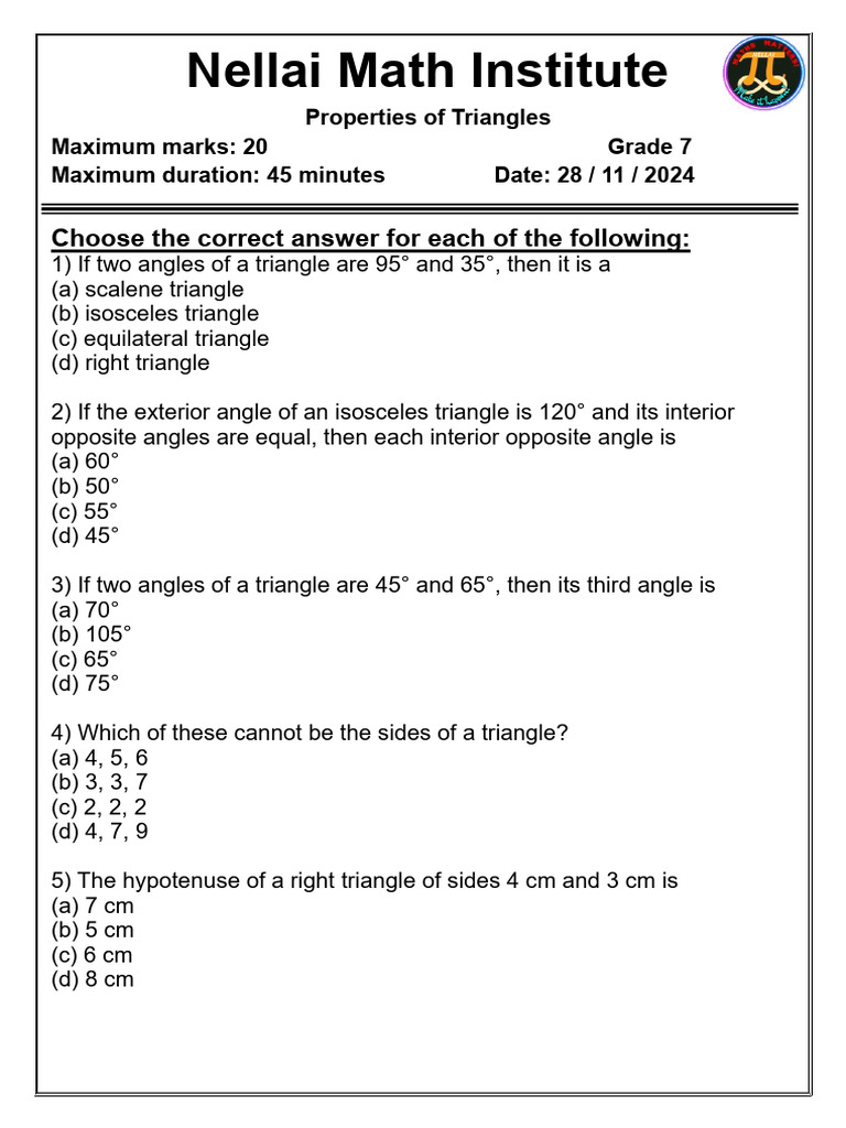 Grade 7 Test Properties of Triangles | PDF | Triangle | Elementary ...