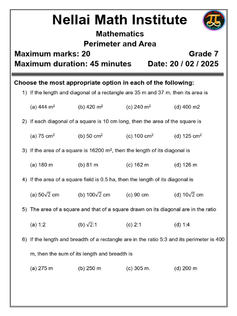 Perimeter and Area Test Grade 7 | PDF