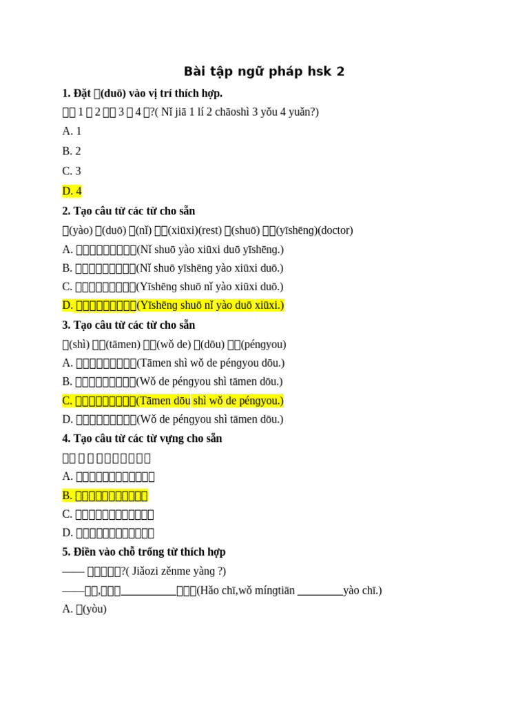 Bài ôn tập HSK2 | PDF