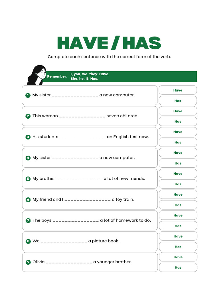 Green White Simple Have Has Grammar Worksheet | PDF