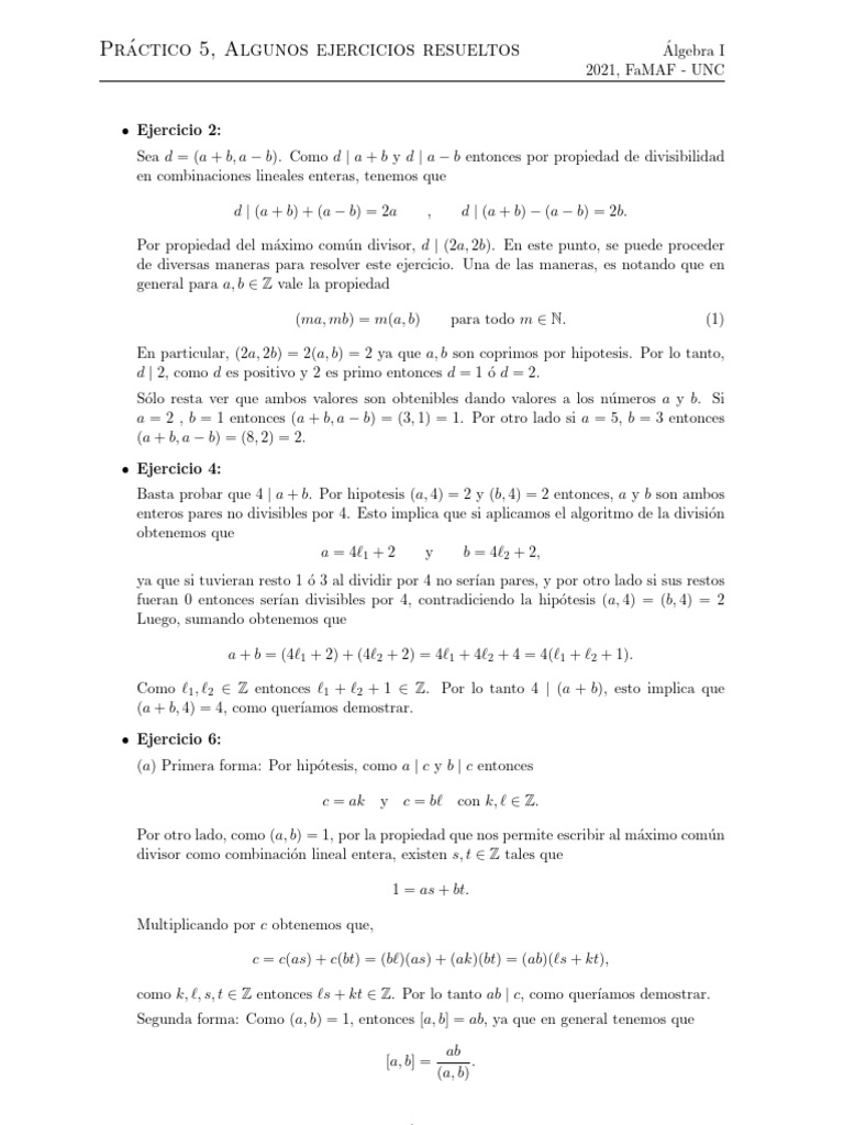Práctico 5, Soluciones Ej 2, 4, 6a, 7a, Ayudas 8,9 | PDF | División (Matemáticas) | Matemática ...
