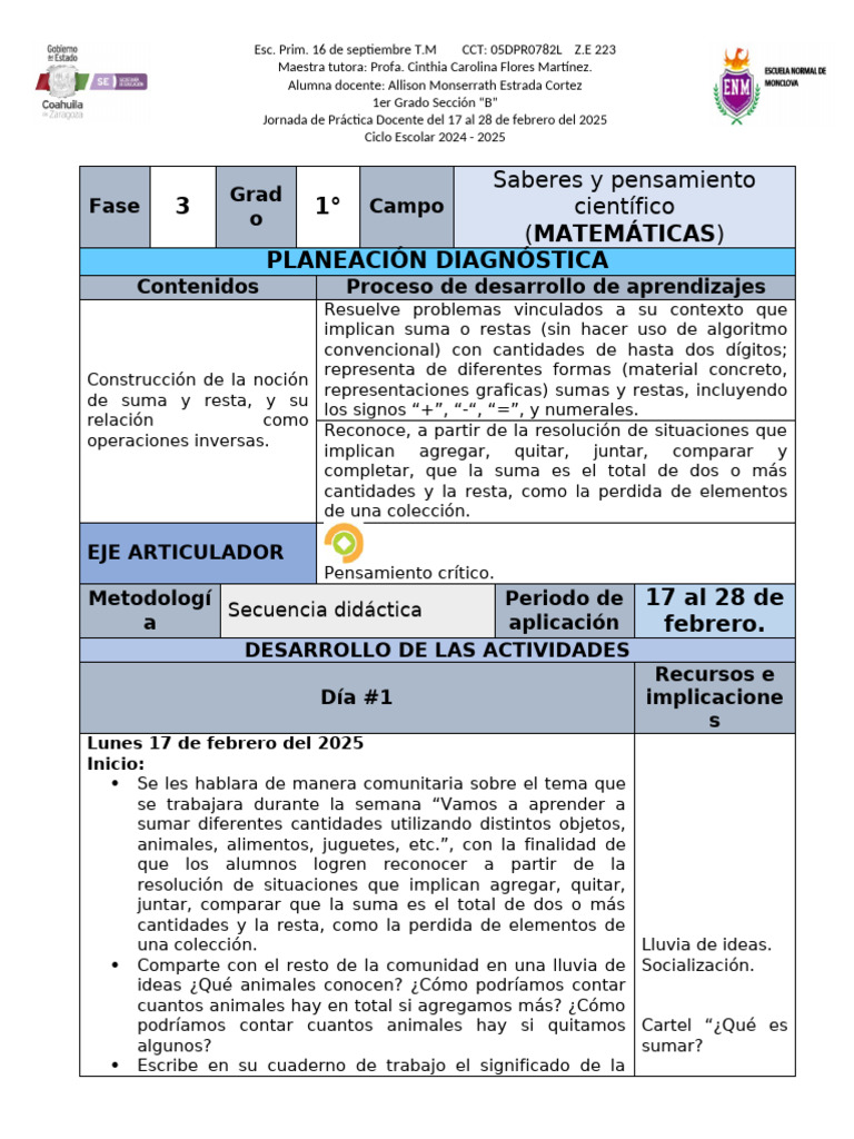 Planeación de Suma y Resta para 1° Grado | PDF | Aprendizaje | Matemáticas