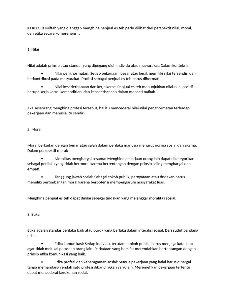 Kasus Gus Miftah Yang Dianggap Menghina Penjual Es Teh Perlu Dilihat Dari Perspektif Nilai | PDF