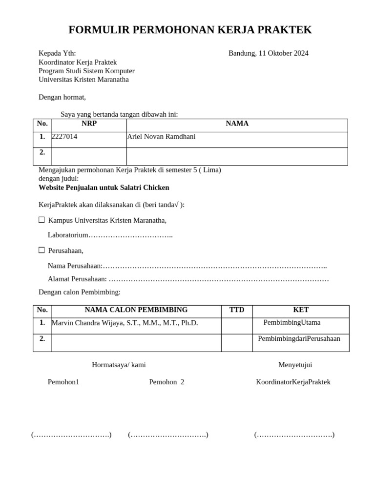 Formulir Permohonan Kerja Praktek-New | PDF