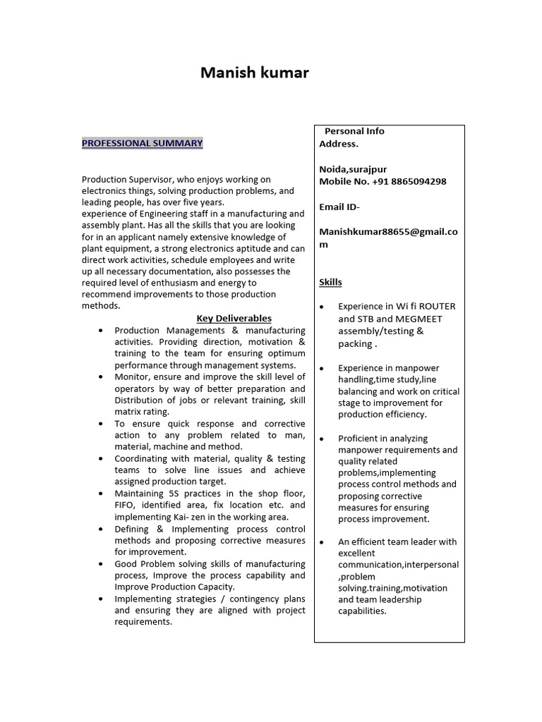 Production Supervisor Resume Summary | PDF | Human Resources | Business